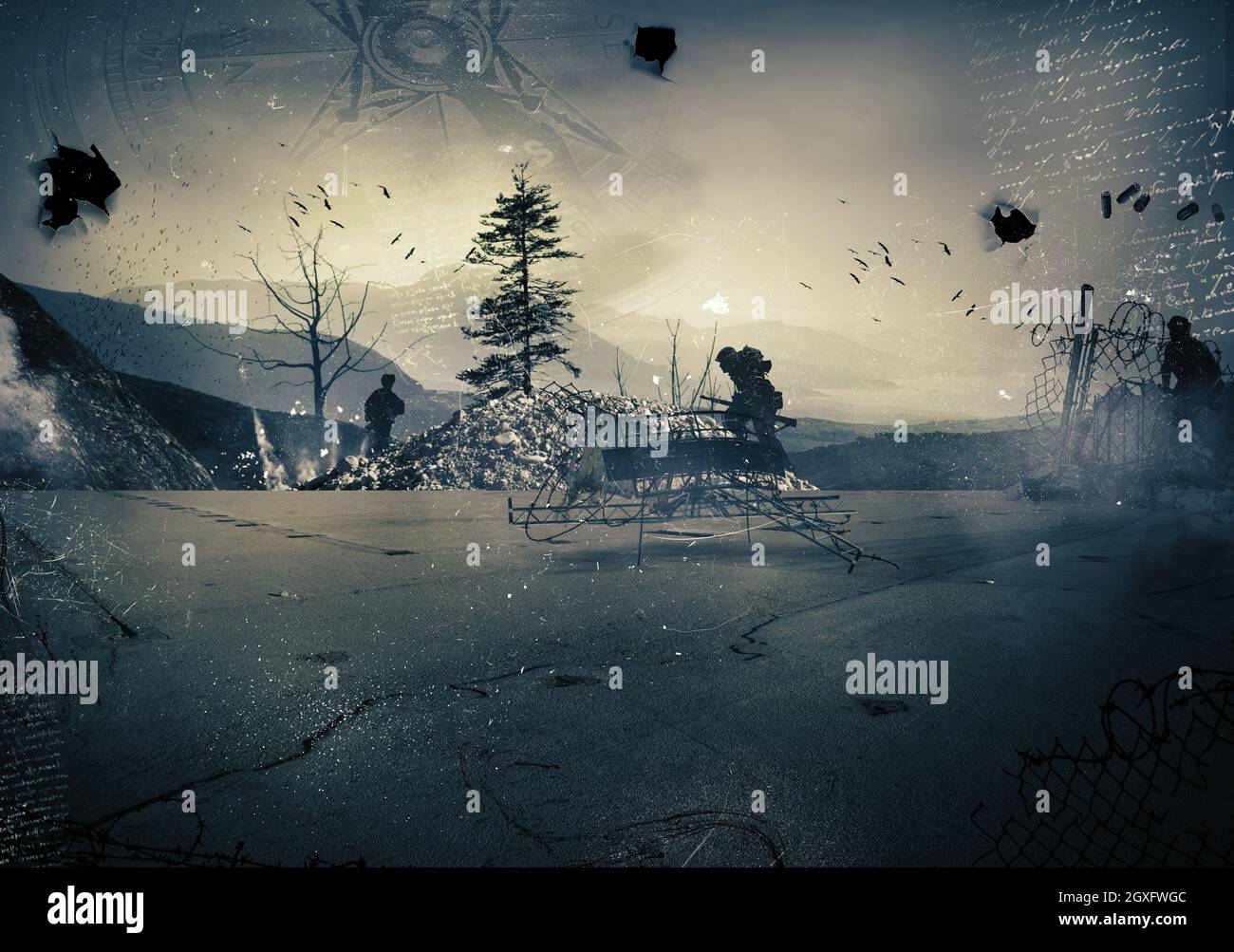 Background of a landscape at war with military helicopters in the sky ...