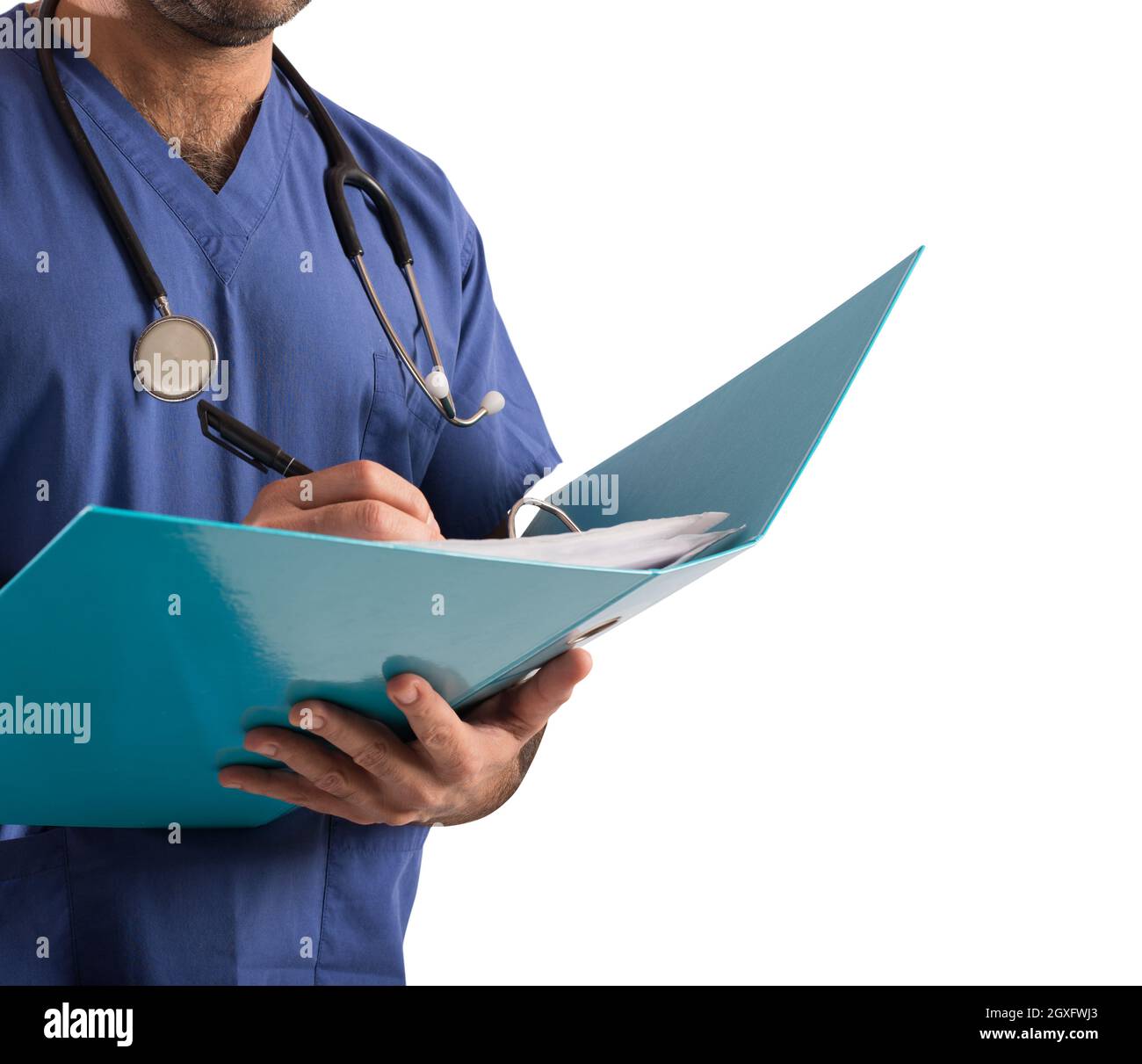 Doctor with stethoscope writes on medical record Stock Photo - Alamy