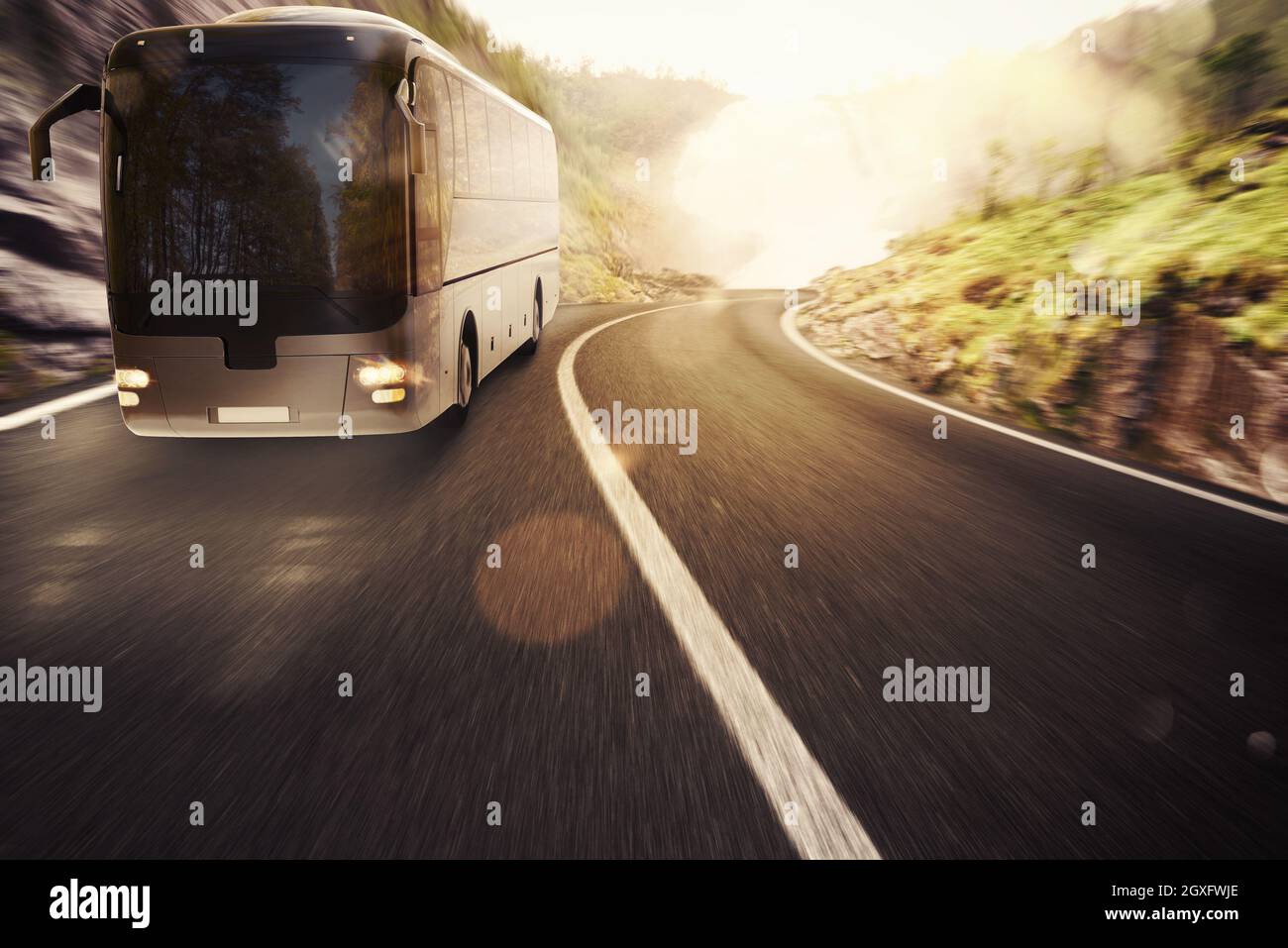 Bus driving on road with landscape background Stock Photo - Alamy