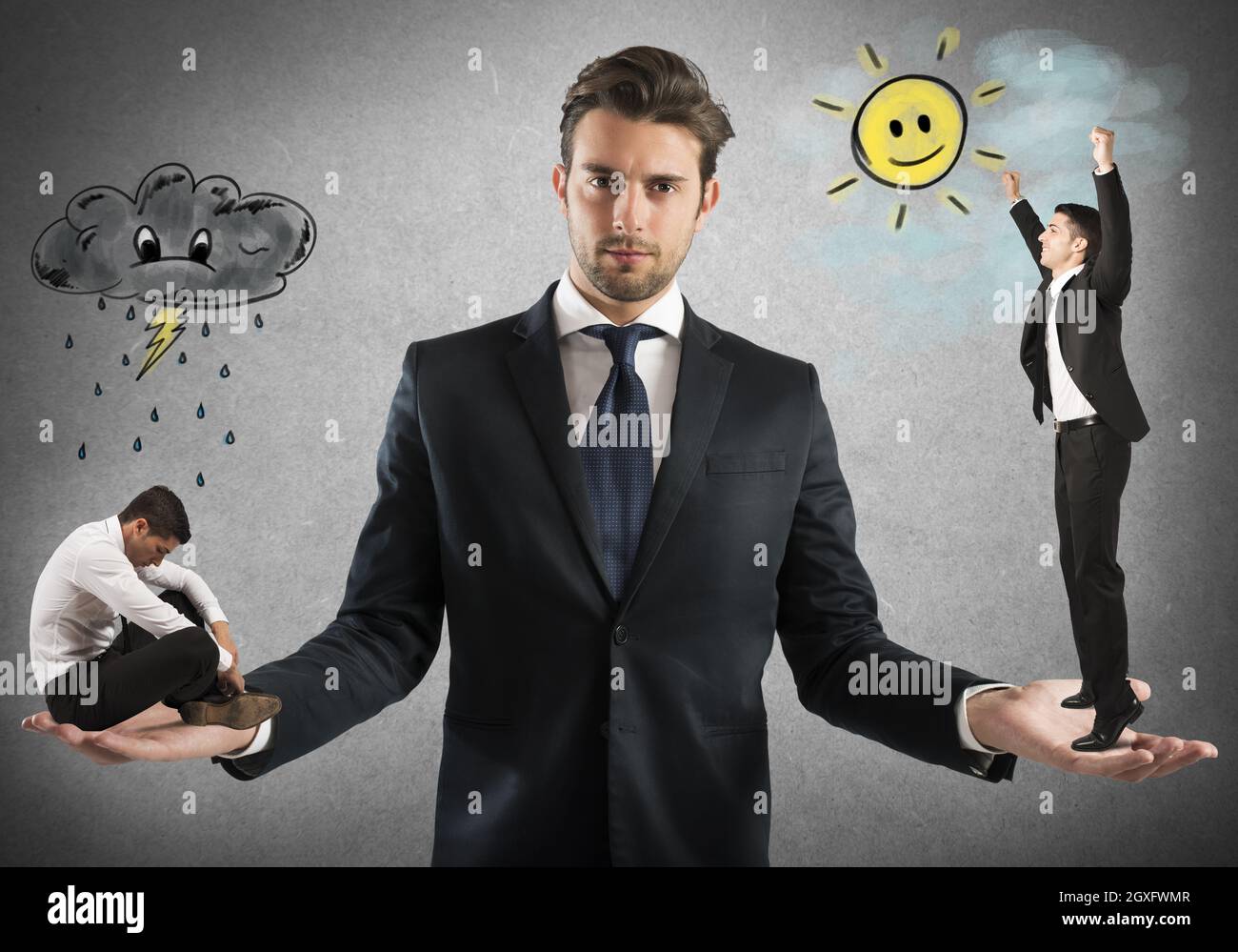 Businessman holds man sad and one happy Stock Photo - Alamy