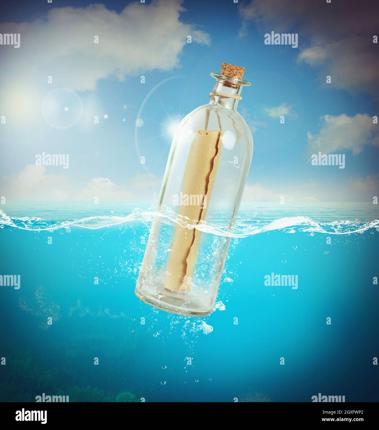 Letter in a bottle in the sea Stock Photo - Alamy