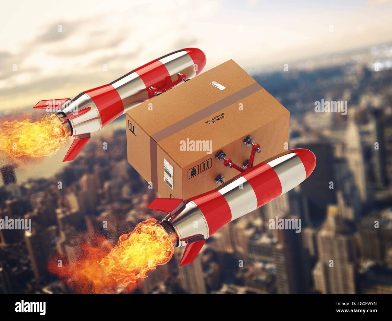 Fast delivery of a package by turbo rocket . 3D Rendering Stock Photo ...
