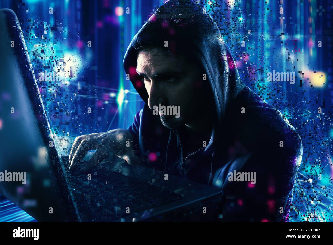 Hacker reading personal information on a computer. Concept of privacy ...