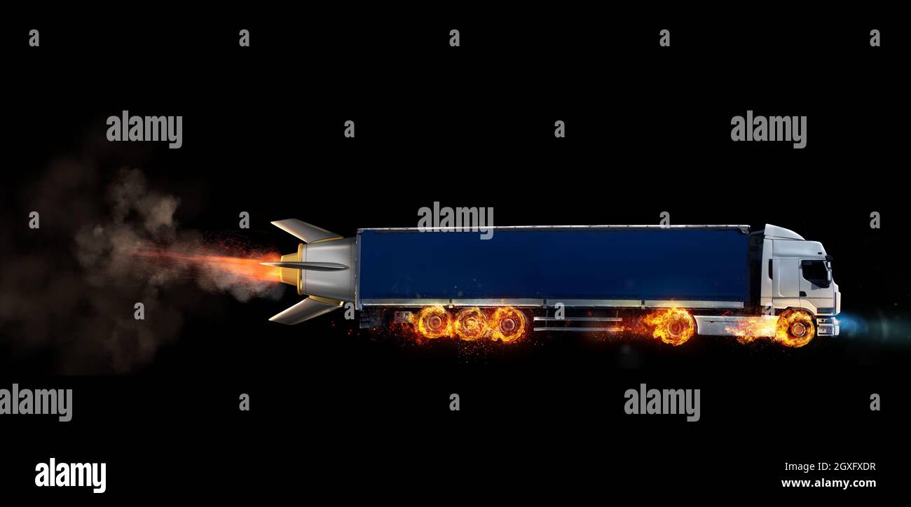 Super fast delivery of package service . A truck with wheels on fire on ...