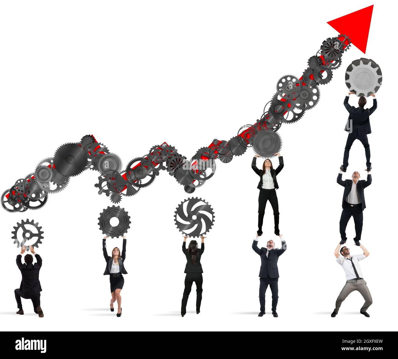 Teamwork build an arrow upwards with gears mechanism Stock Photo - Alamy