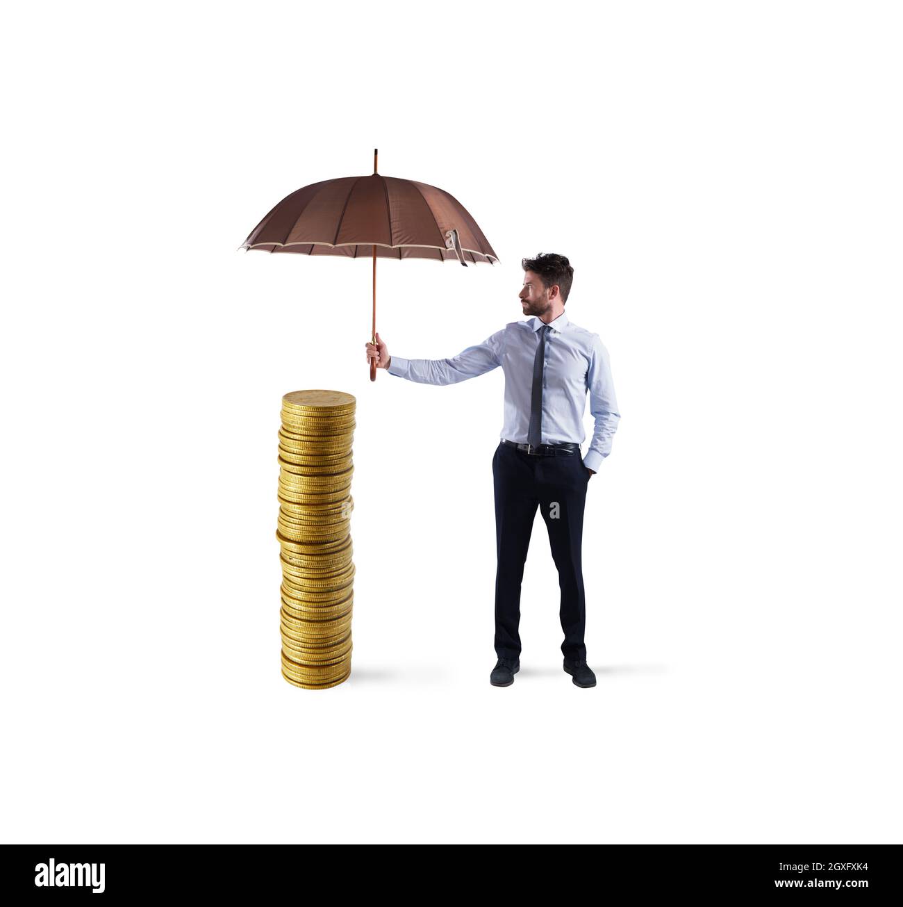 Businessman protects his money savings with umbrella from the storm ...