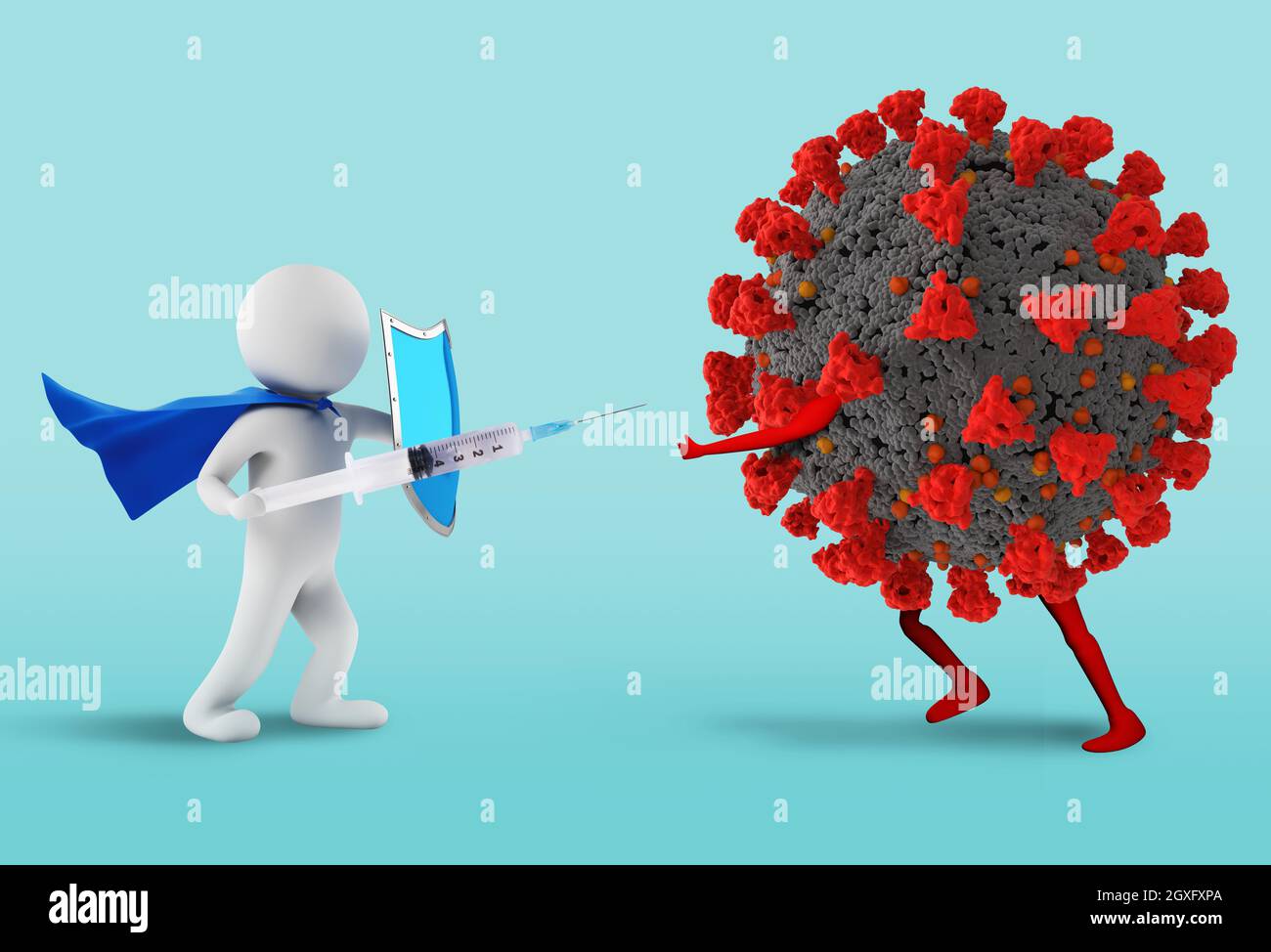 Superhero with shield fights against covid-19 virus. 3d rendering Stock ...