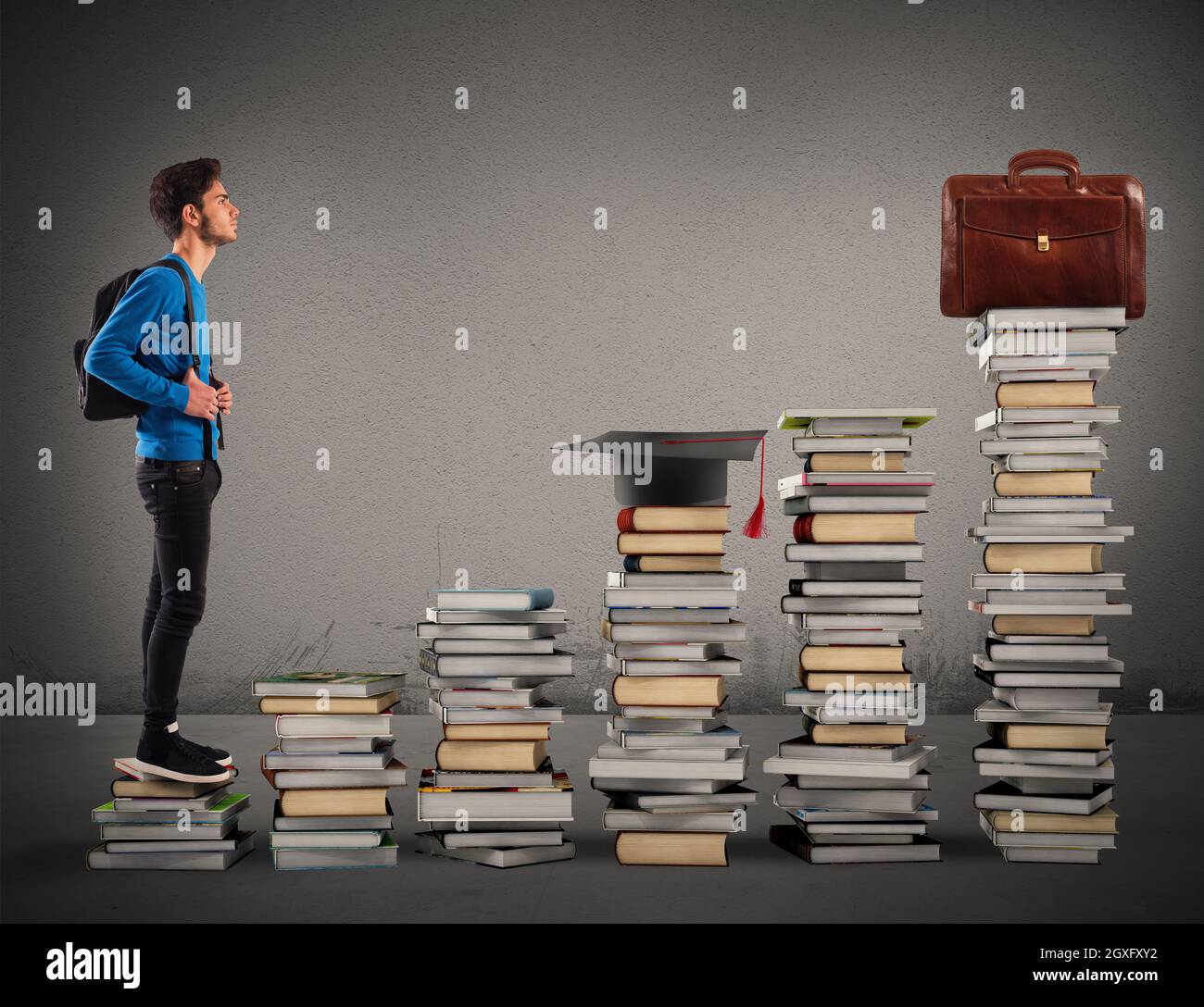 Boy climbing the stairs made of books Stock Photo - Alamy