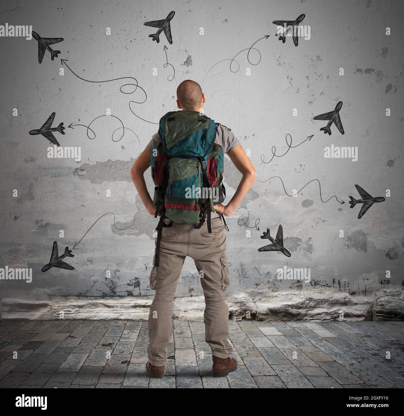 Man explorer with planes drawn around him Stock Photo - Alamy