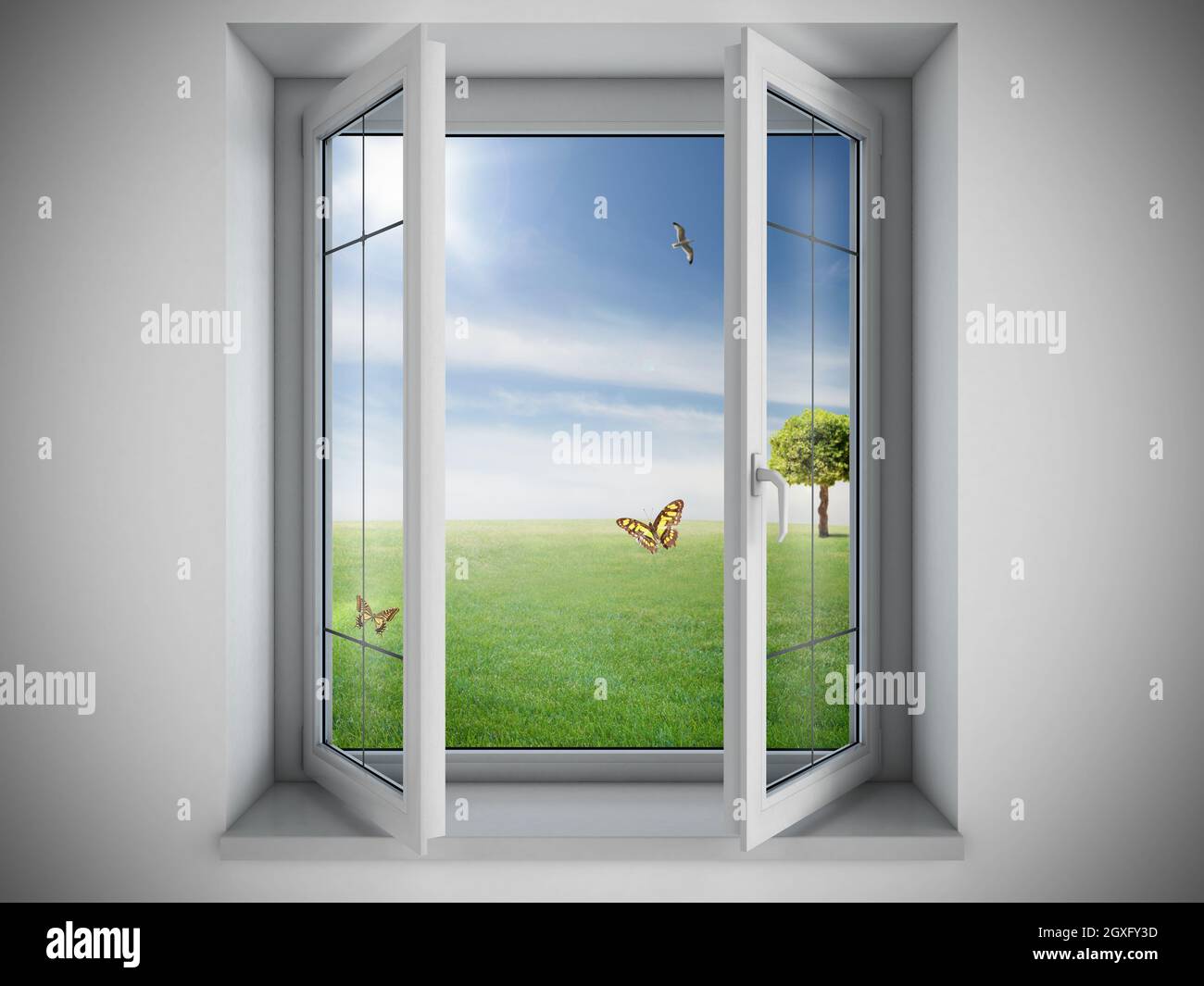 Opened window with a green field outdoor Stock Photo - Alamy