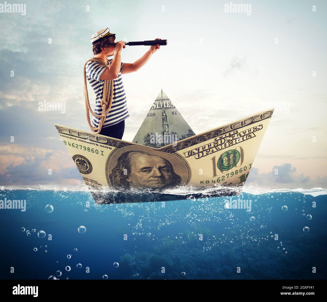 Sailor with binoculars on big banknote boat Stock Photo - Alamy