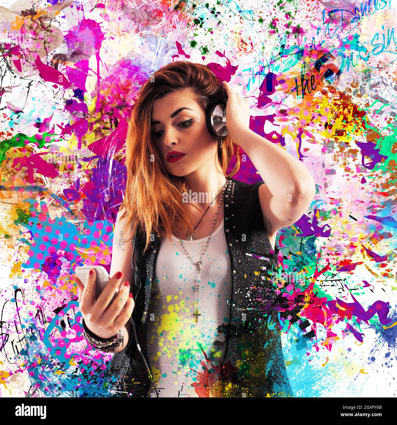 Girl listening to music on colored background Stock Photo - Alamy