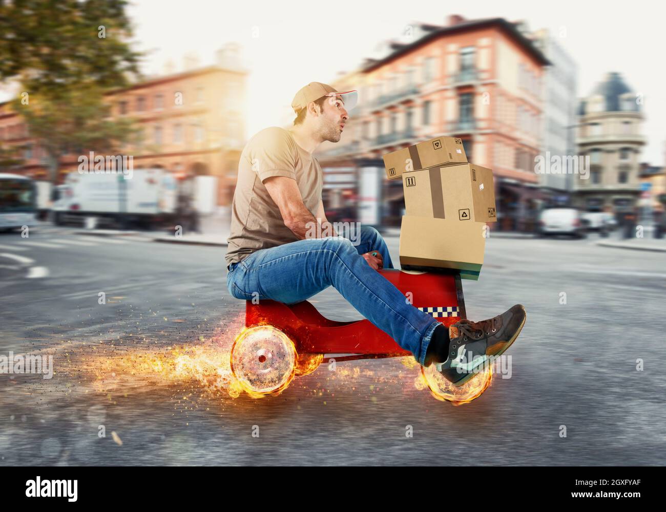 Courier drive fast with a toy car. Concept of fast and express delivery ...