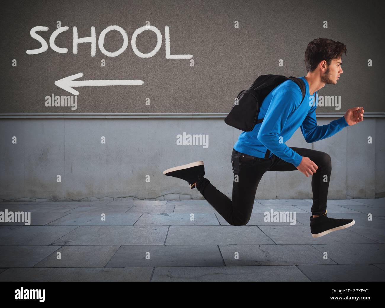 Boy with backpack escapes from the school Stock Photo - Alamy