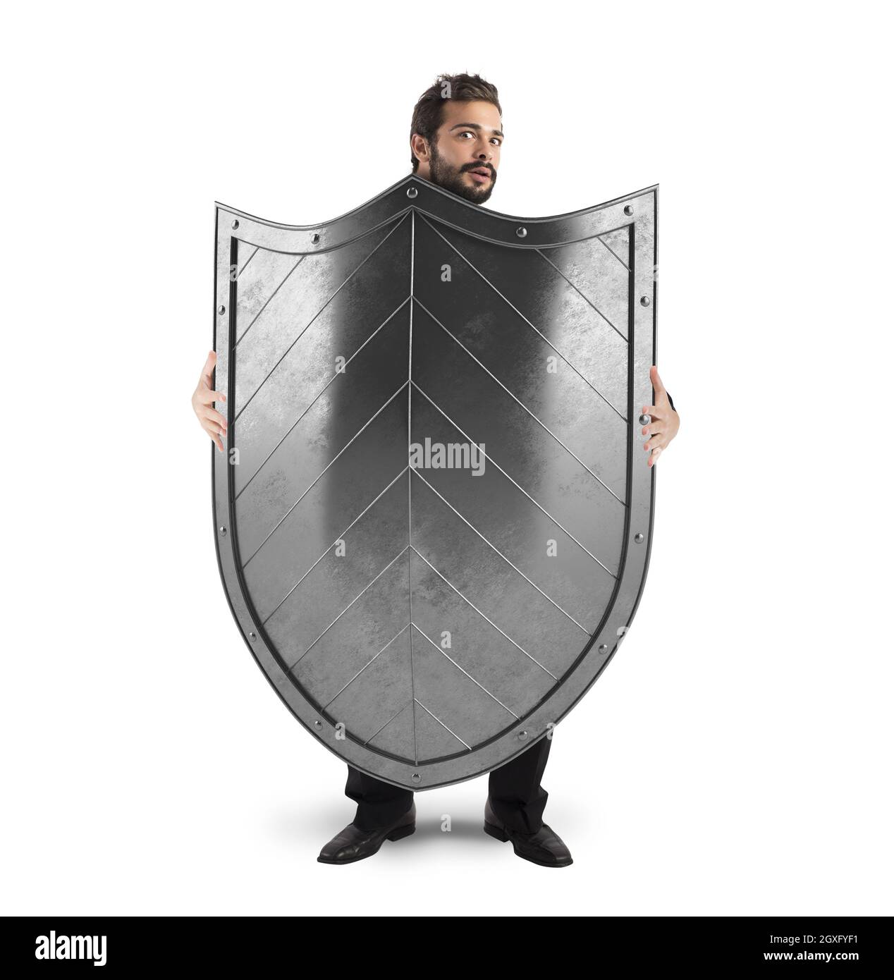 Frightened man hiding behind a big shield Stock Photo - Alamy