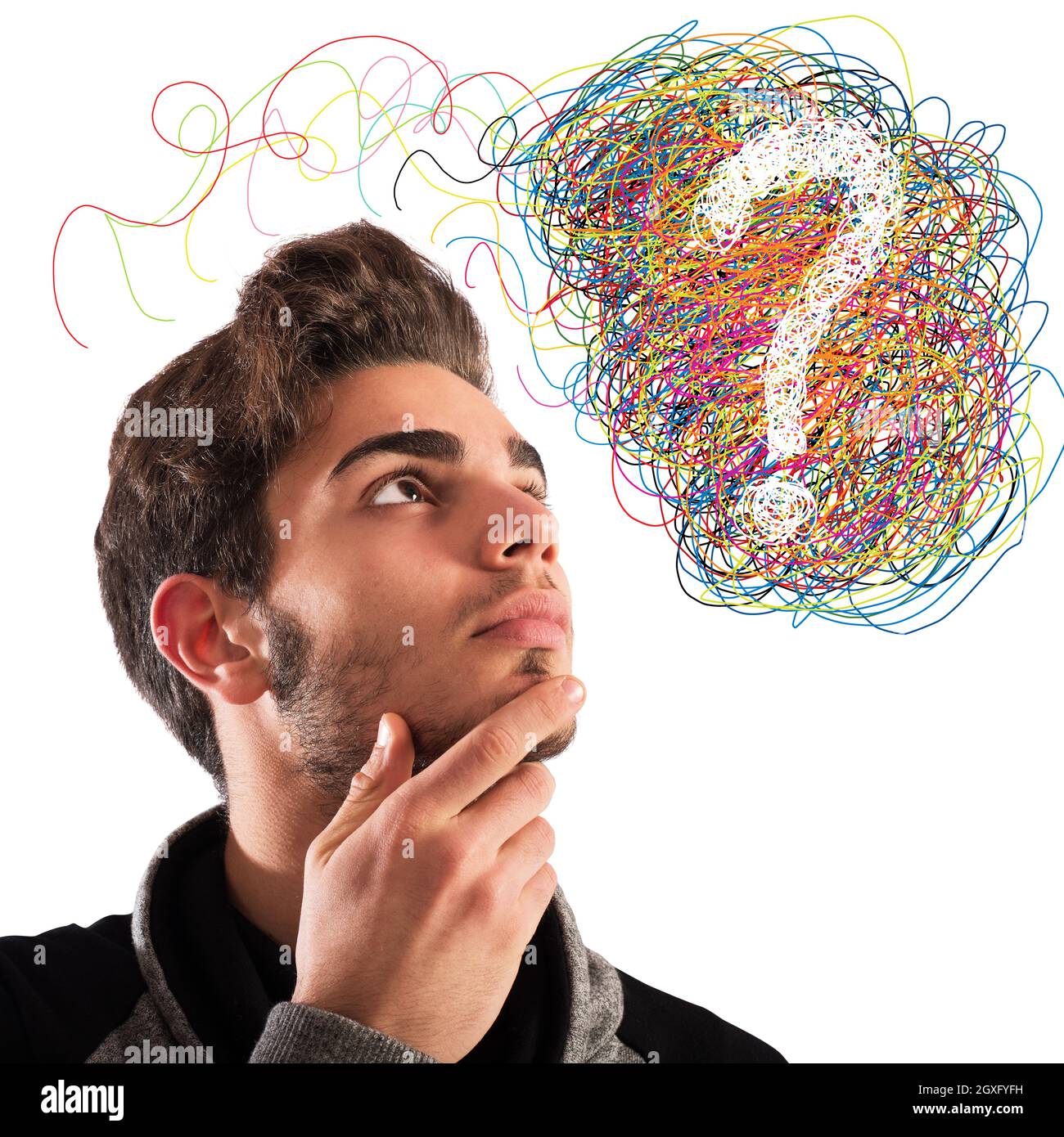 Boy with thoughtful expression and question mark Stock Photo - Alamy