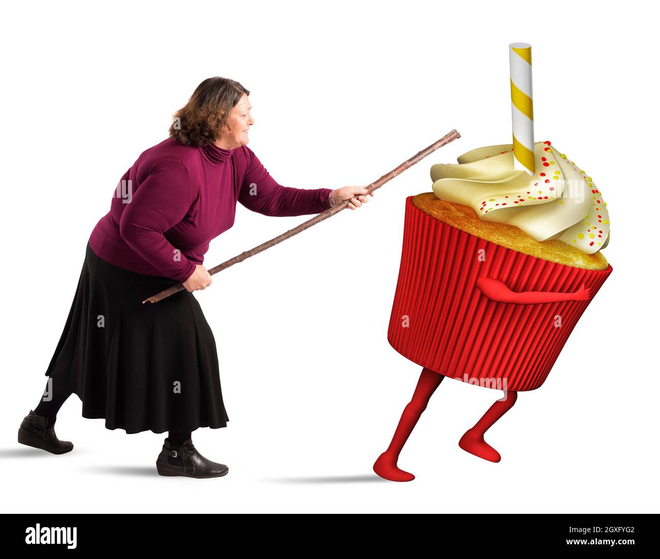 Fat woman hit with stick a cupcake Stock Photo - Alamy