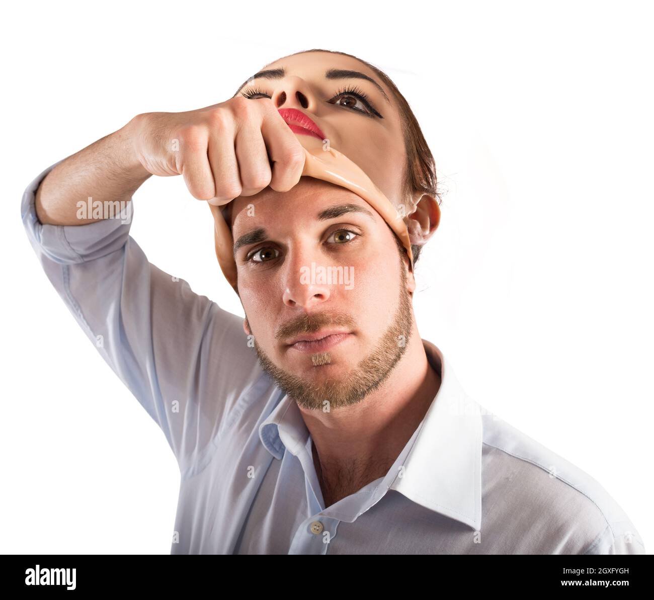 Man takes off the mask of woman Stock Photo - Alamy