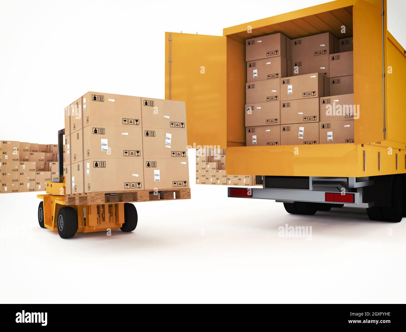 Loading stack of packed boxes on truck Stock Photo - Alamy