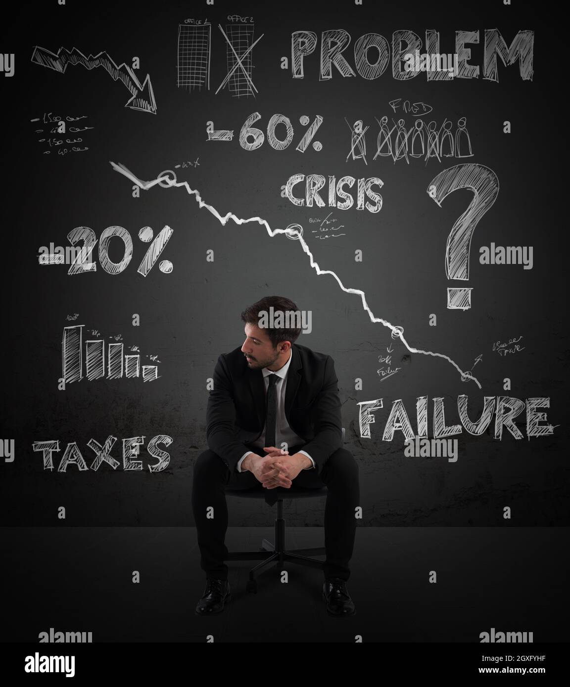 Sad businessman with percentages and statistics background Stock Photo ...