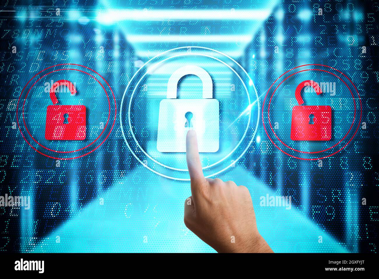 Finger of man selects a closed padlock Stock Photo - Alamy