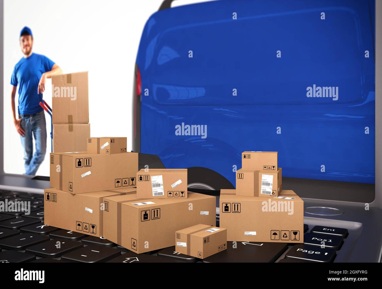 Computer background with a courier with boxes Stock Photo - Alamy