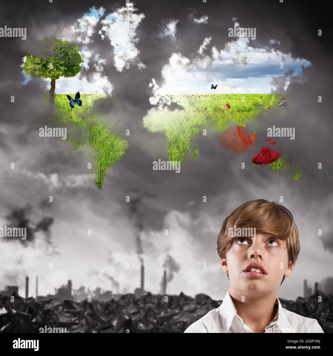 Boy child imagines a natural clean world Stock Photo - Alamy