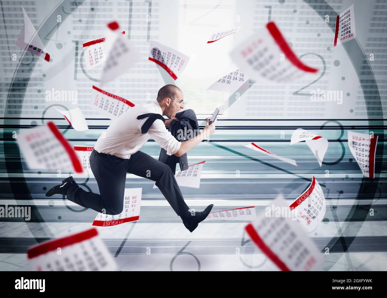 Man runs screaming with calendar sheets background Stock Photo - Alamy