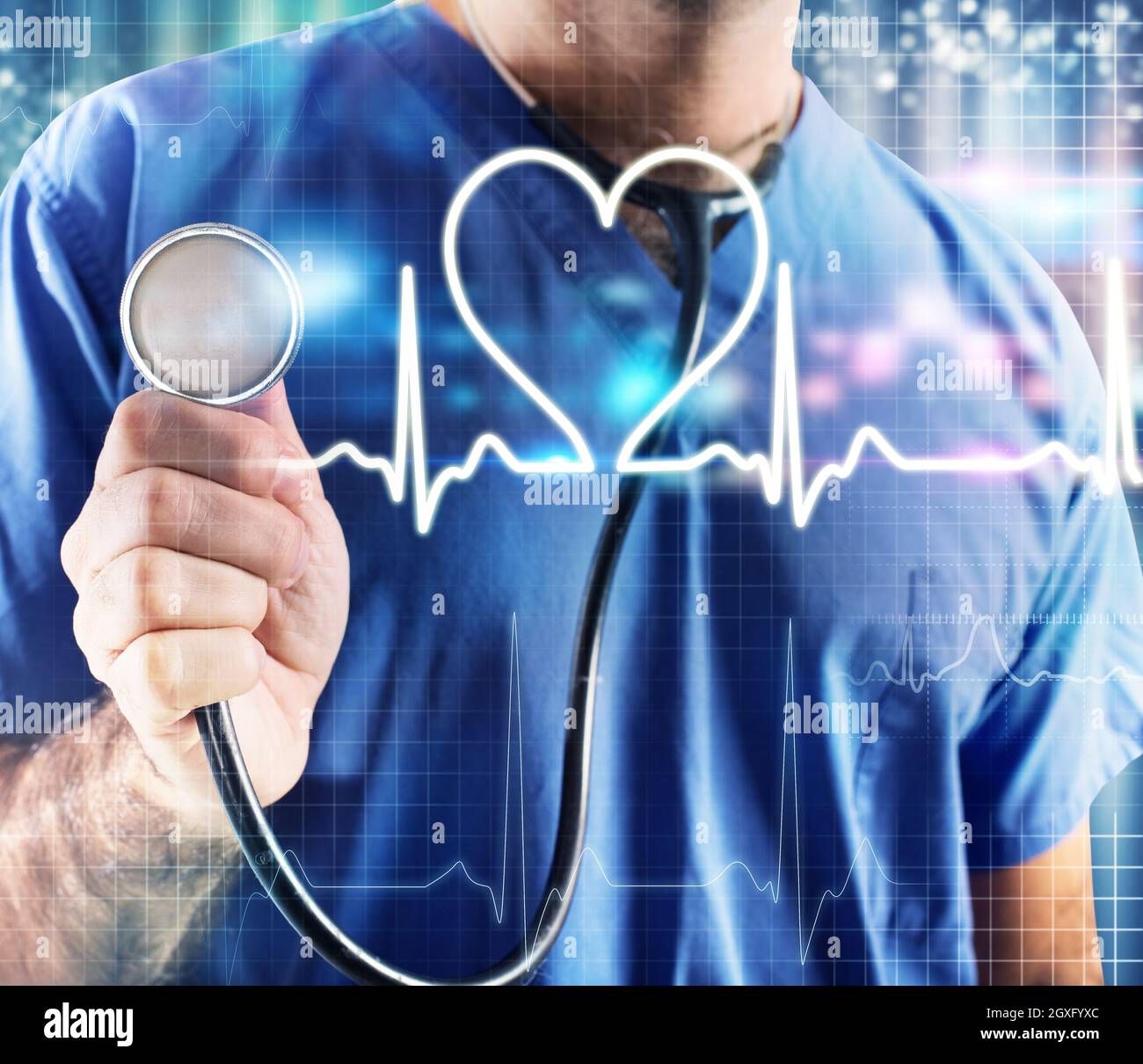 Doctor with stethoscope and graphic heartbeat background Stock Photo ...