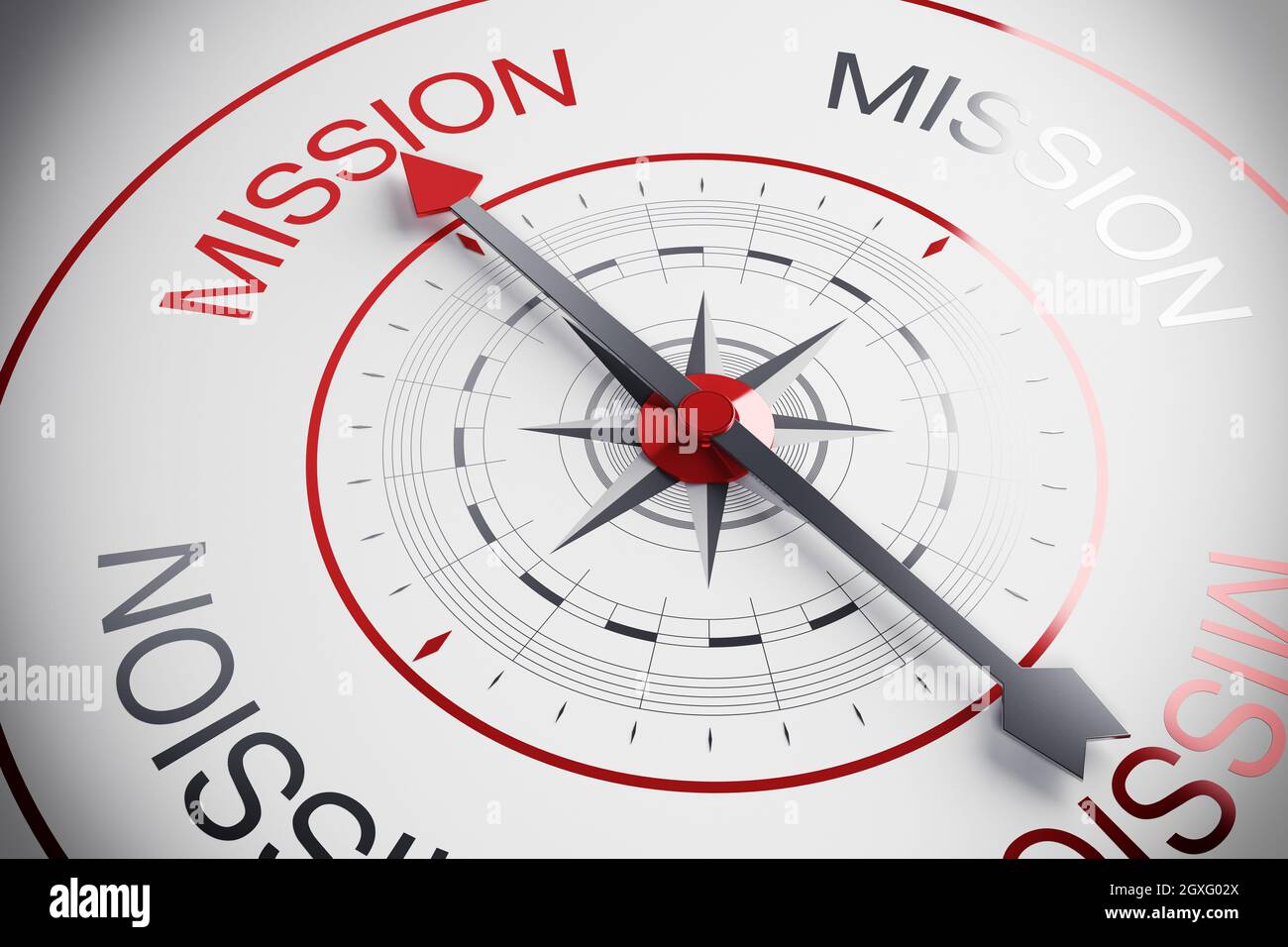 Compass with arrow marks the word mission Stock Photo - Alamy