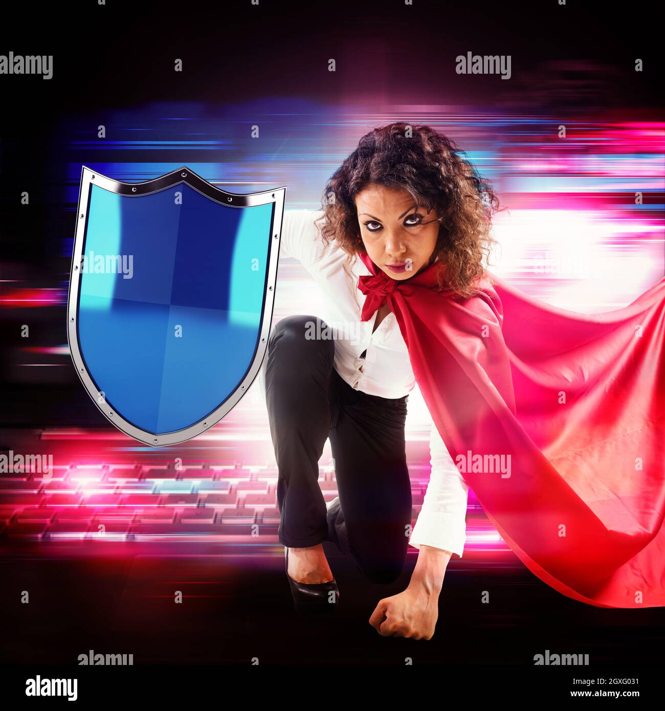 Woman as superhero with cape and shield Stock Photo - Alamy