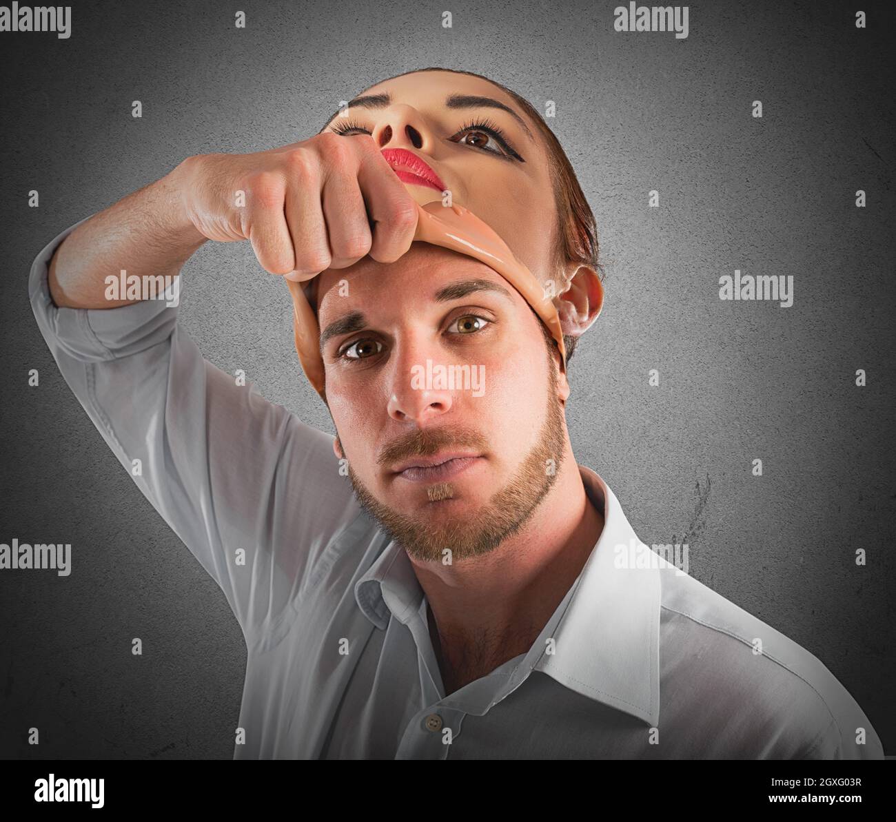 Man takes off the mask of woman Stock Photo - Alamy
