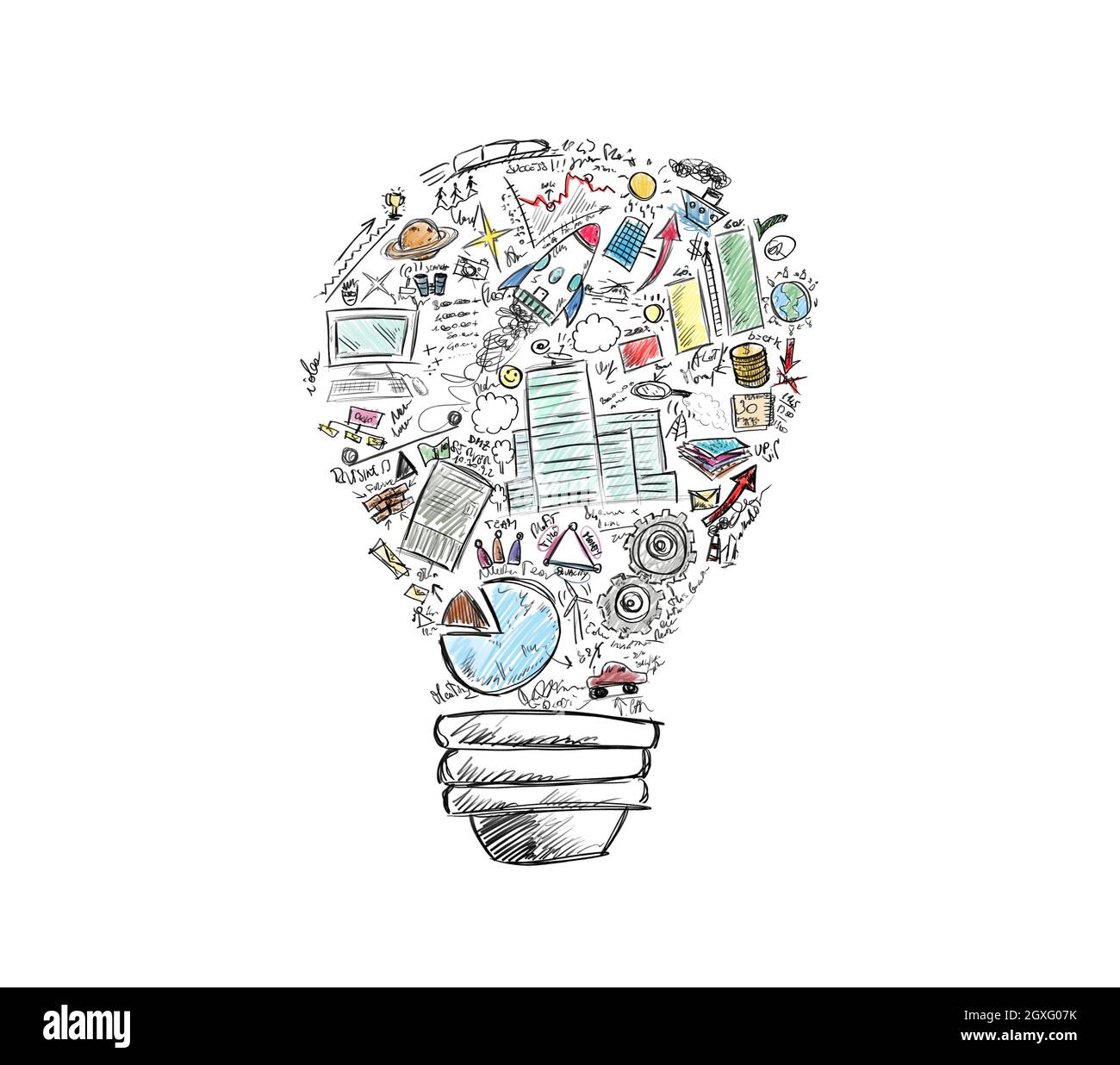 Drawn light bulb with many business symbols Stock Photo - Alamy