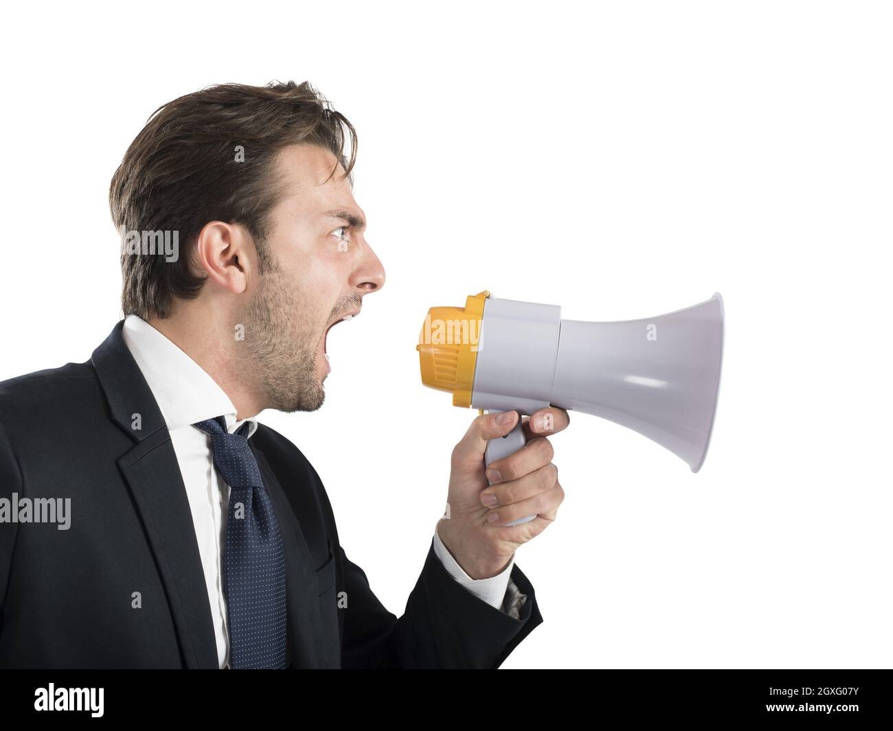 Angry business boss shouting with his megaphone Stock Photo - Alamy
