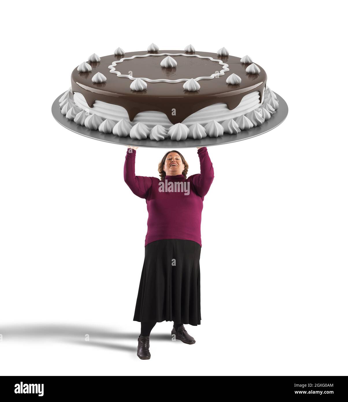 Fat woman holding a big chocolate cake Stock Photo - Alamy
