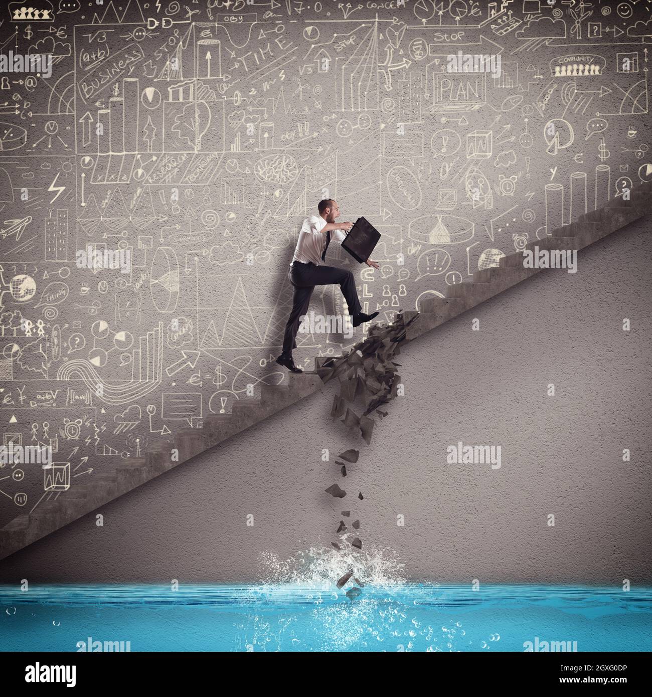 Businessman trying to overcome break step scale Stock Photo - Alamy