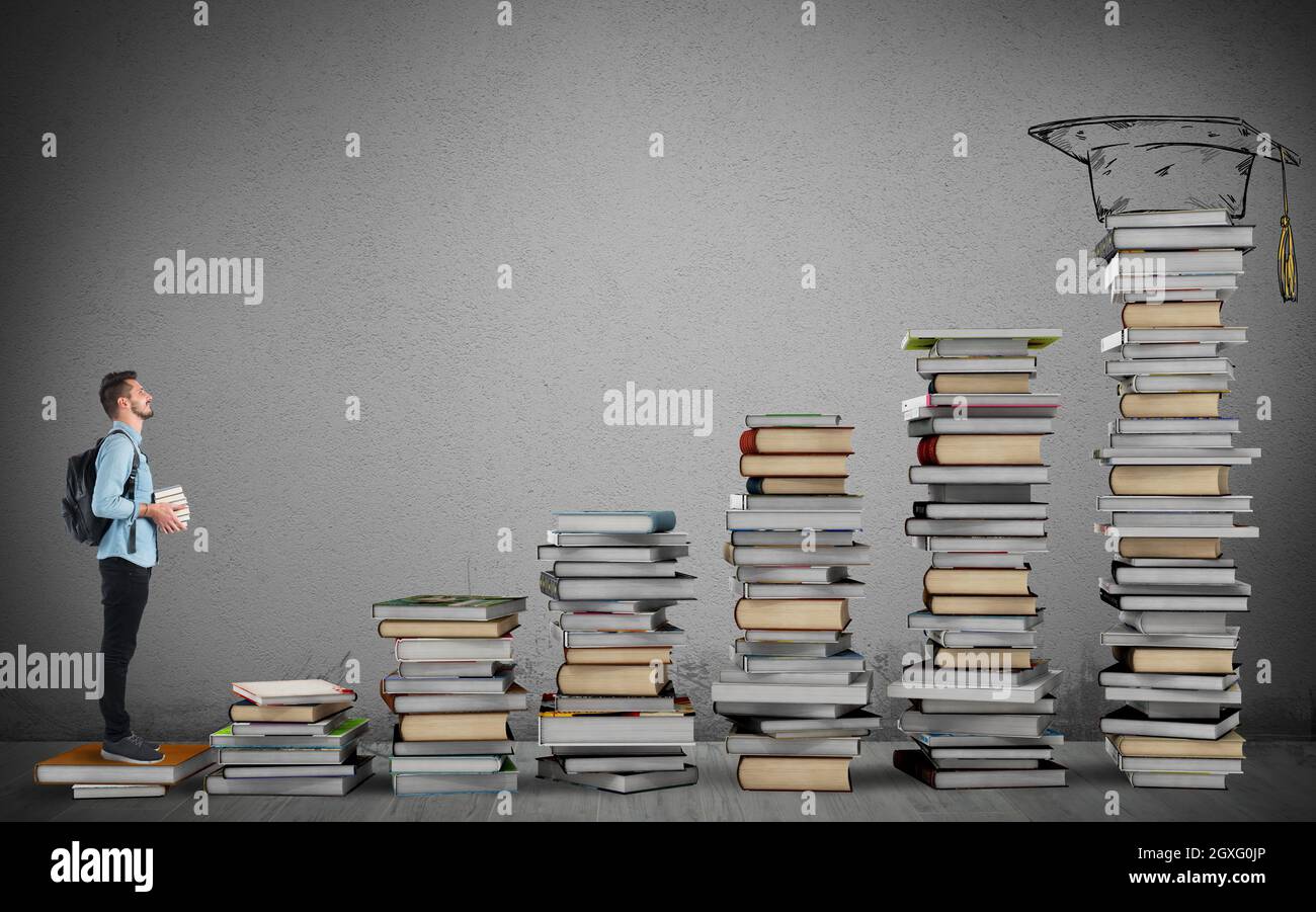 Student climbing a ladder of study books Stock Photo - Alamy