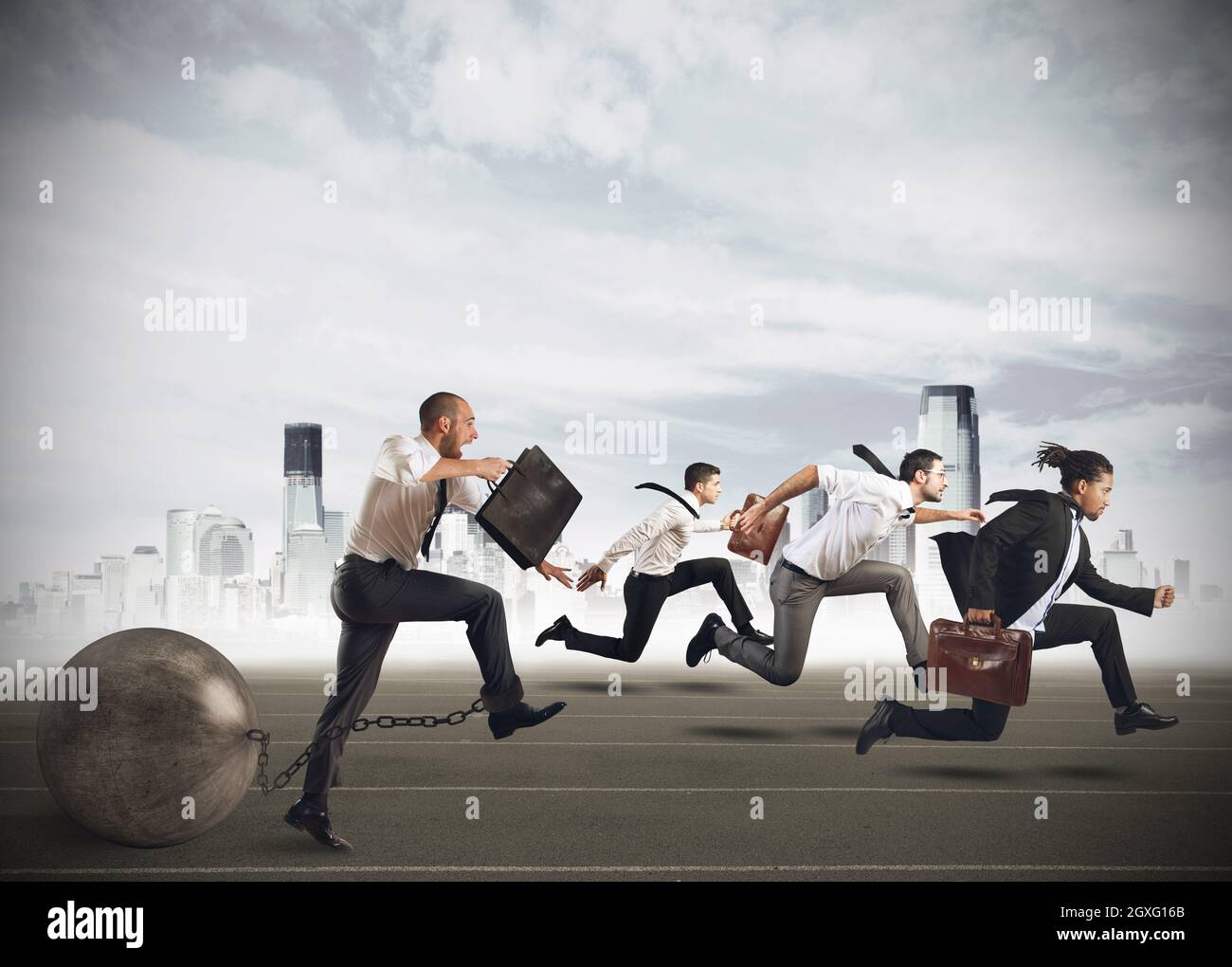 Men competing with a man with obstacle Stock Photo - Alamy