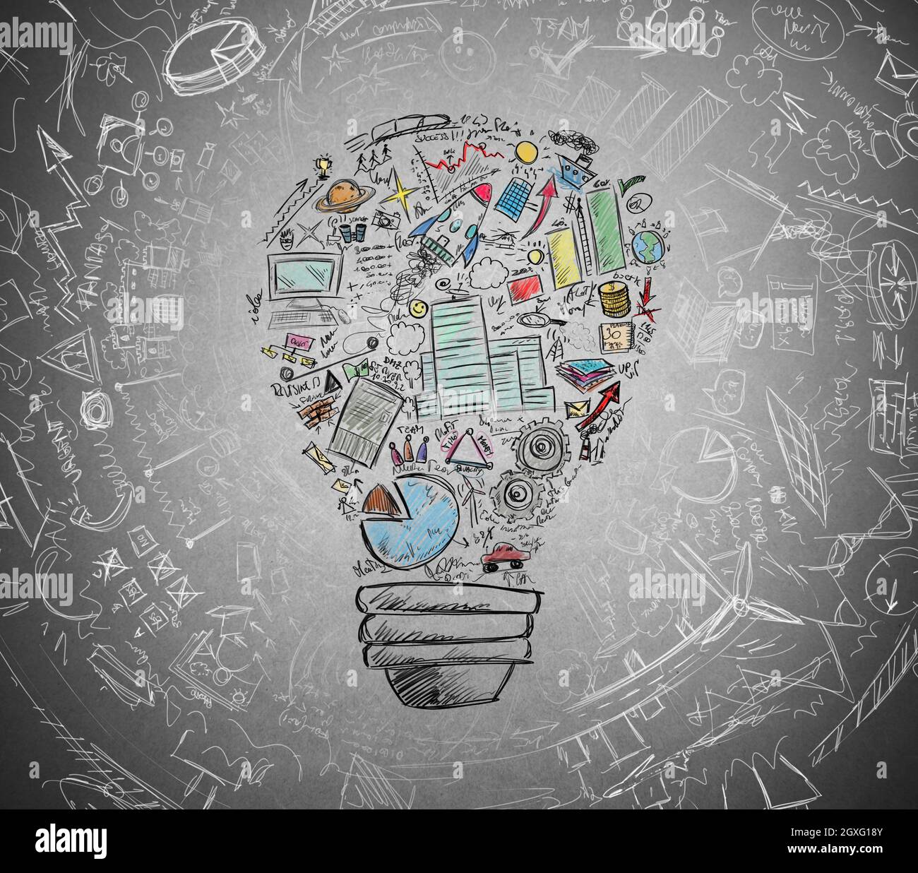 Drawn light bulb with many business symbols Stock Photo - Alamy