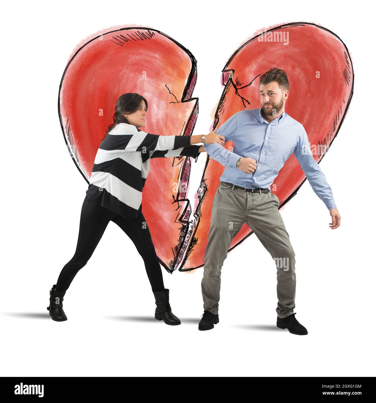 Couple arguing on background a broken heart Stock Photo - Alamy