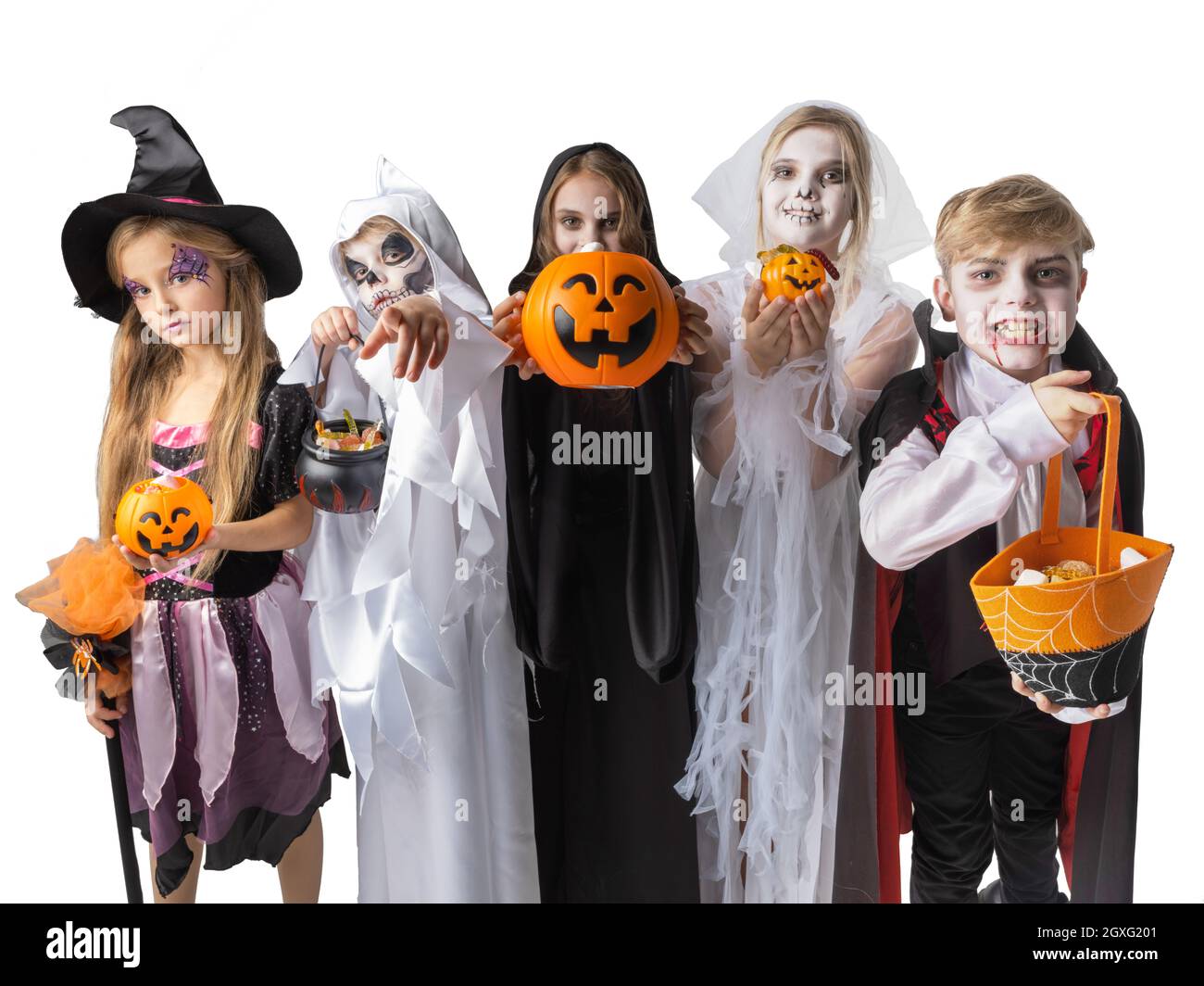 Children trick or treating on Halloween party, different costumes ghost ...