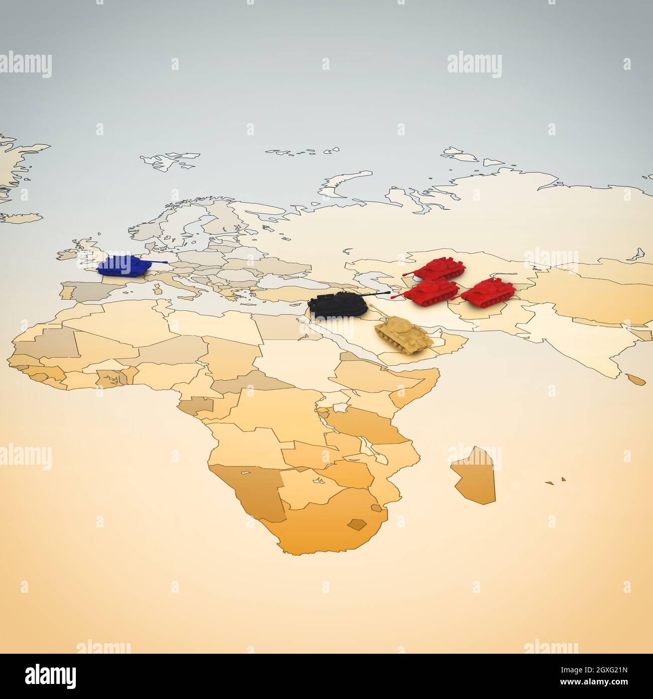 3D rendering of Small toy tanks on a world map Stock Photo - Alamy