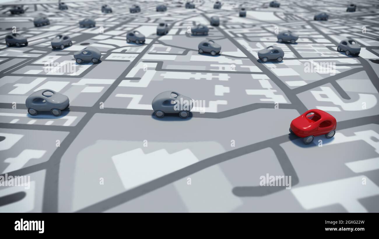 3D Rendering toy cars on a path of streets map Stock Photo - Alamy