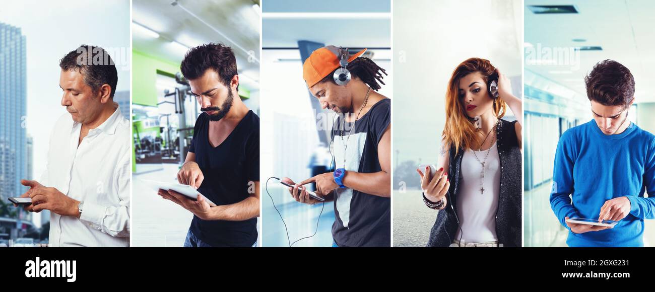 Collage of men and women who use electronic devices Stock Photo - Alamy
