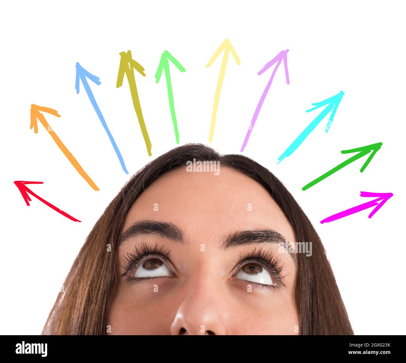 Woman with eyes up and arrow over her head Stock Photo - Alamy