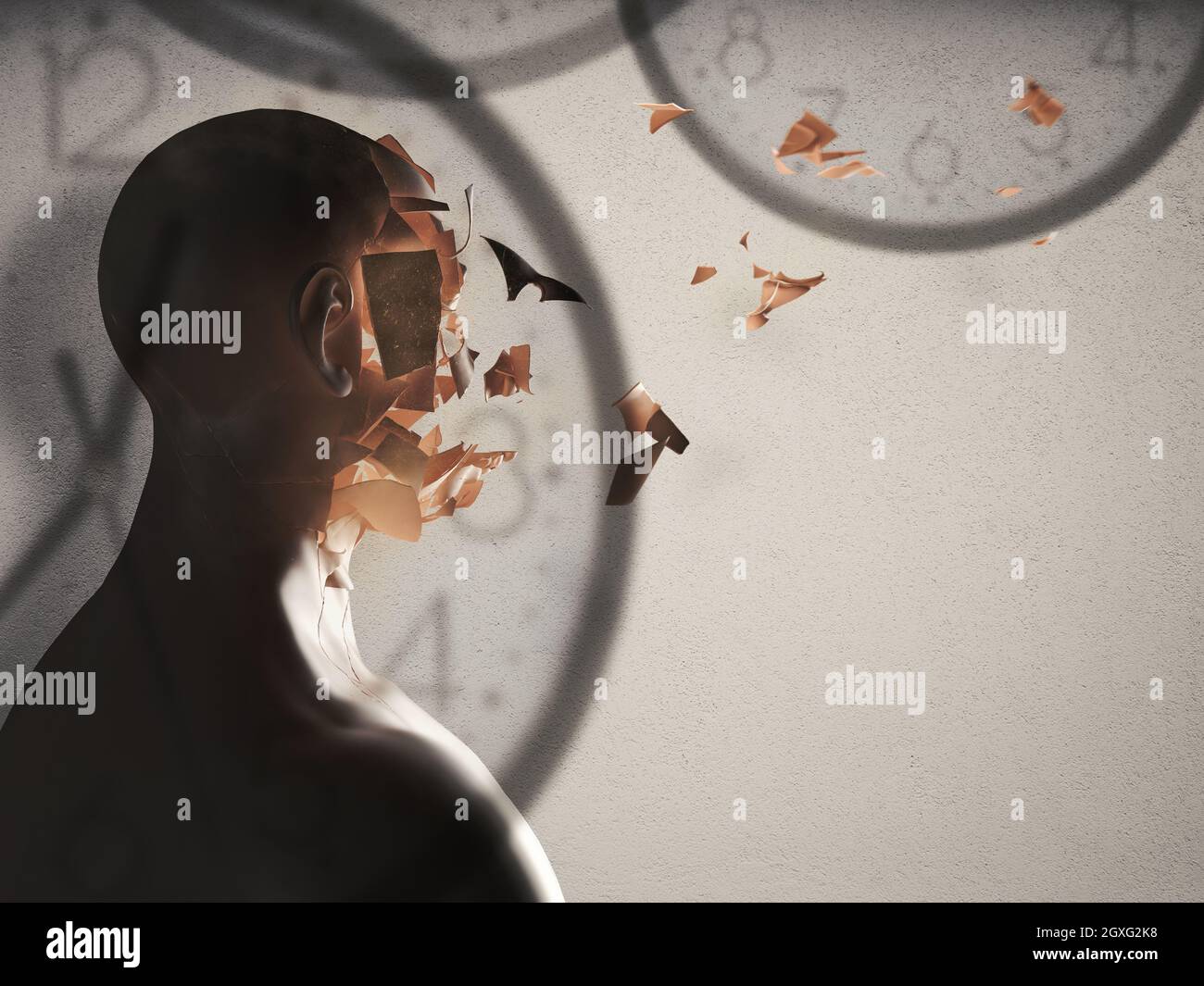 3D Rendering of face crumbling and background with watches Stock Photo ...