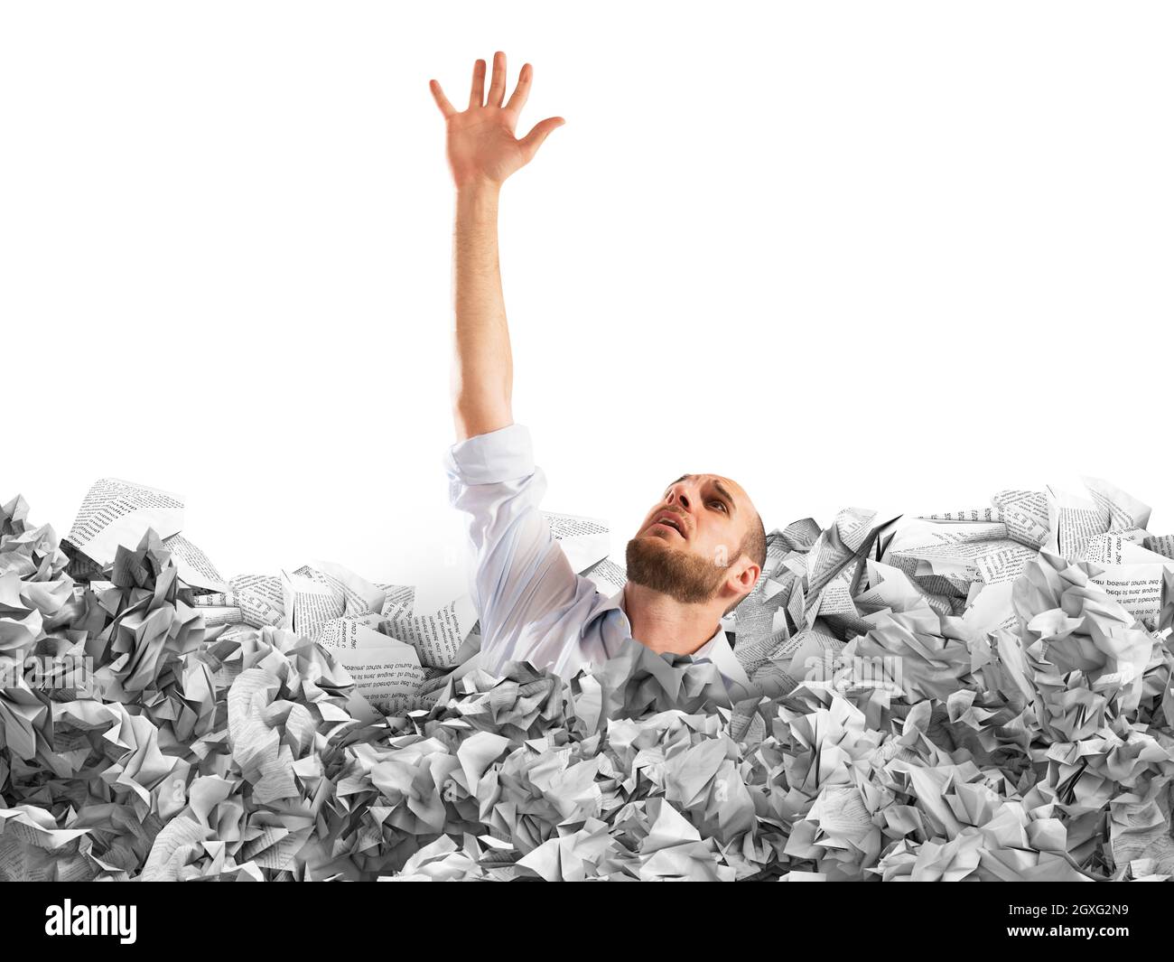 Man asks for help flooded with crumpled paper Stock Photo - Alamy