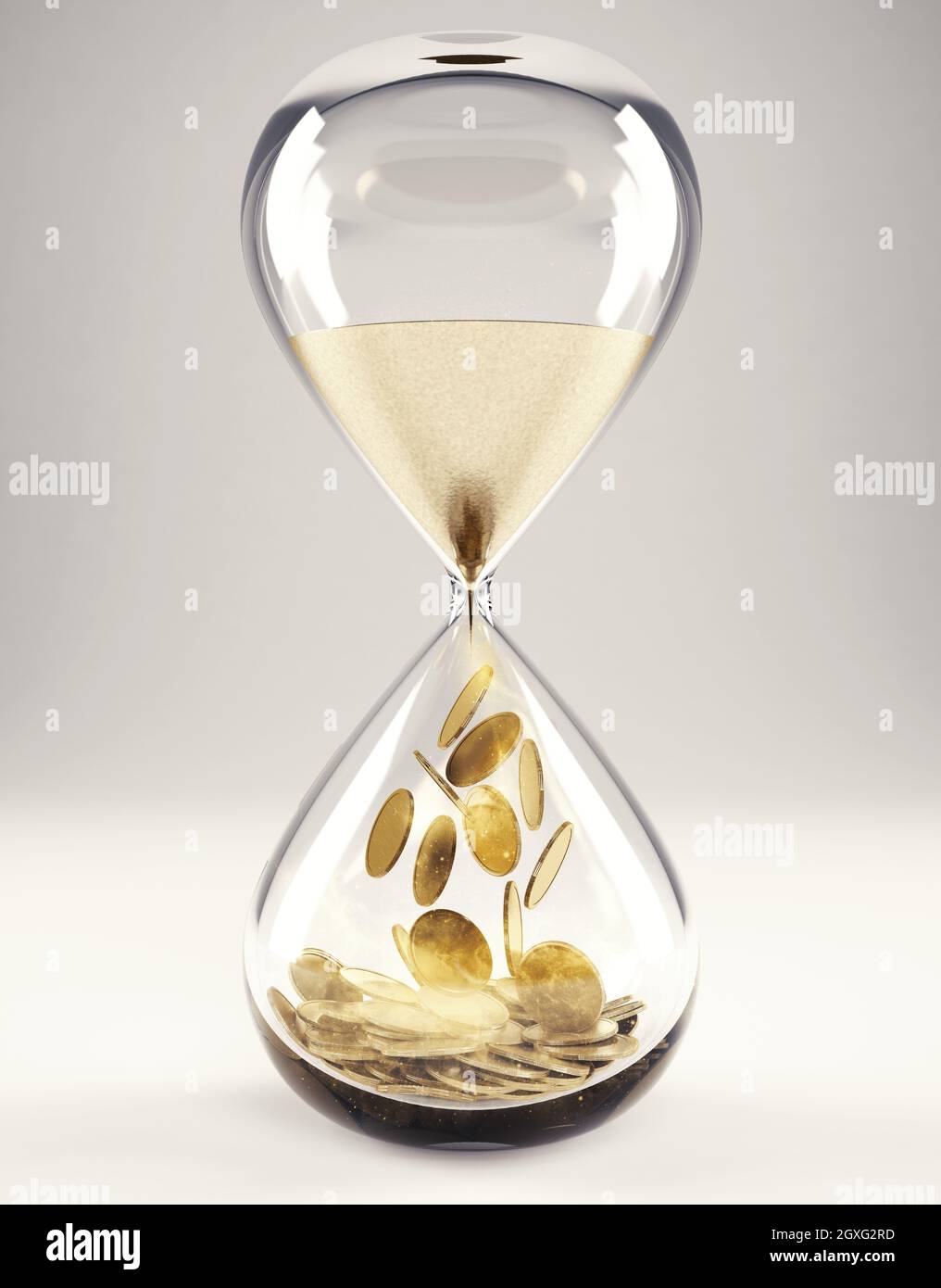 Hourglass with sand and gold money. time is money concept 3D Rendering ...