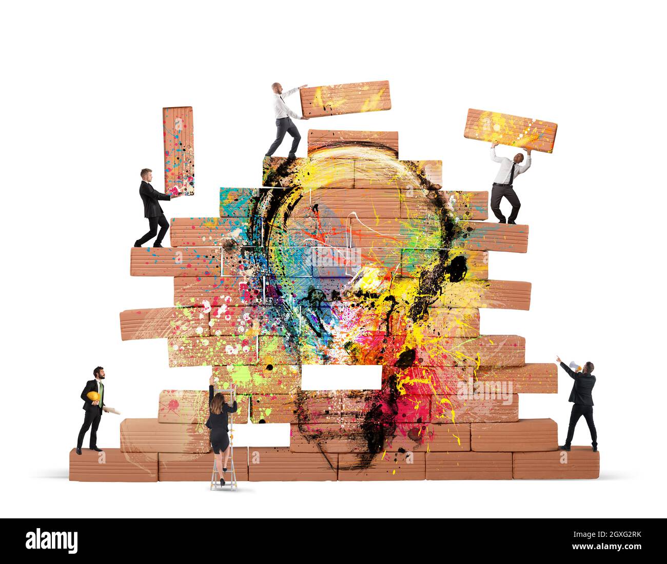 Business person built together a big brick wall with drawn lightbulb ...