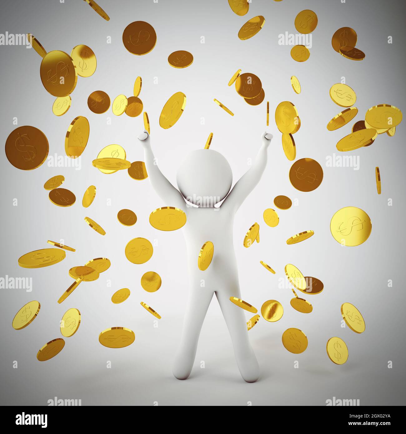 Happy little white man exults under a rain of coins and banknotes. 3D ...